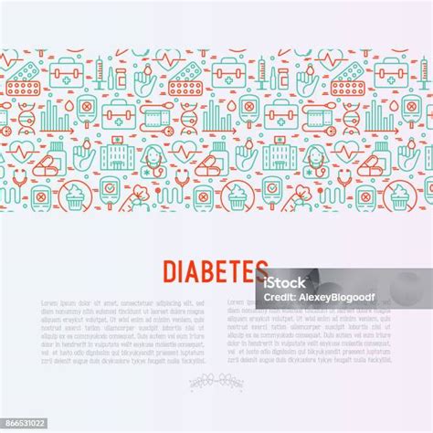 당뇨병 증상 및 예방 치료의 얇은 선 아이콘 개념 의료 조사 또는 배너 웹 페이지 인쇄 매체에 대 한 보고서의 배경에 대 한 벡터 일러스트 개념에 대한 스톡 벡터 아트 및