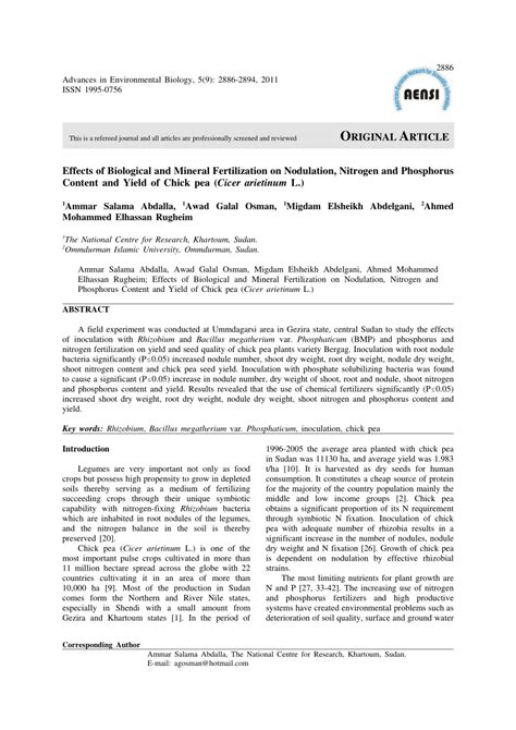 Pdf Effects Of Biological And Mineral Fertilization On Nodulation Nitrogen And Phosphorus