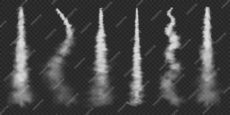 현실적인 비행기 응축 트레일 우주 로켓 발사 미사일 또는 총알 트레일 제트 항공기 트랙 흰 연기 구름 안개 증기 흐름 벡터 그림