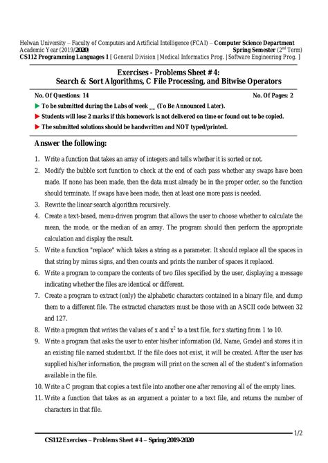 Cs112 Exercises Problems Sheet 4 Spring 2020pdf Docdroid
