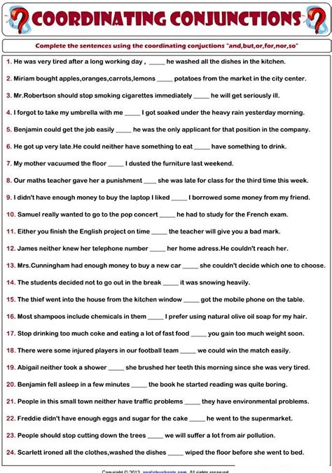 Coordinating Conjuctions Exercises Worksheet Lesson