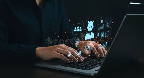 hands typing on laptop with holographic icons and data visualizations generated ai stock