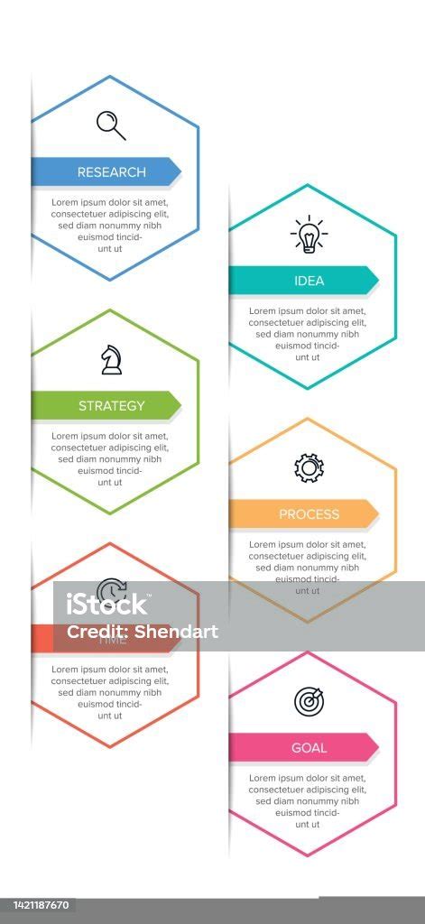 아이콘과 6가지 옵션 또는 단계가 있는 수직 인포그래픽 디자인 얇은 선 인포그래픽 비즈니스 개념 정보 그래픽 흐름 차트 프리젠 테이션 모바일 웹 사이트 인쇄 된 자료에