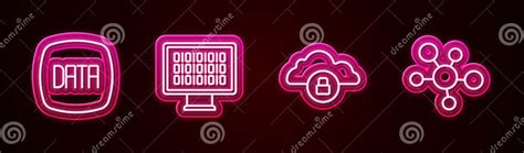 Set Line Data Analysis Binary Code Cloud Computing Lock And Mind Map Infographic Glowing Neon