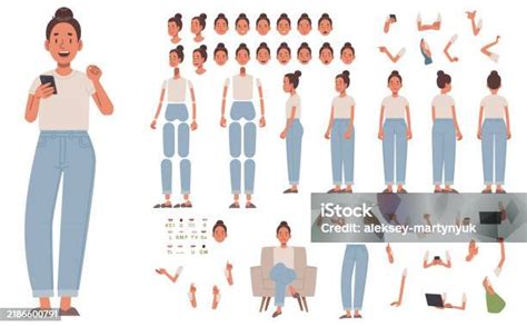 소녀 캐릭터 생성자 캐주얼 한 옷을 입은 젊은 여자 애니메이션 제작을 위한 손 다리 머리의 다양한 위치 세트 사람들에 대한 스톡 벡터 아트 및 기타 이미지 Istock