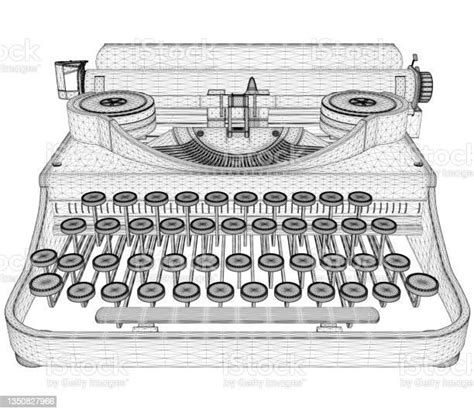 흰색 배경에 고립 된 검은 색 라인에서 빈티지 타자기의 와이어 프레임 전면 보기입니다 3d 벡터 일러스트레이션 와이어 프레임