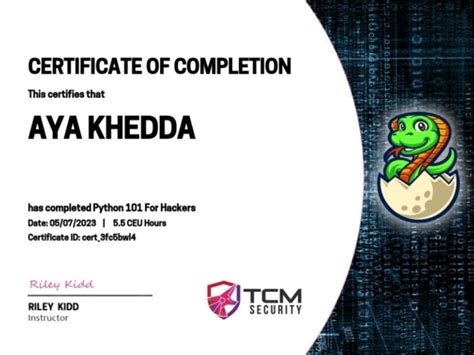 aya khedda on linkedin i successfully completed python 101 for hackers from tcm security