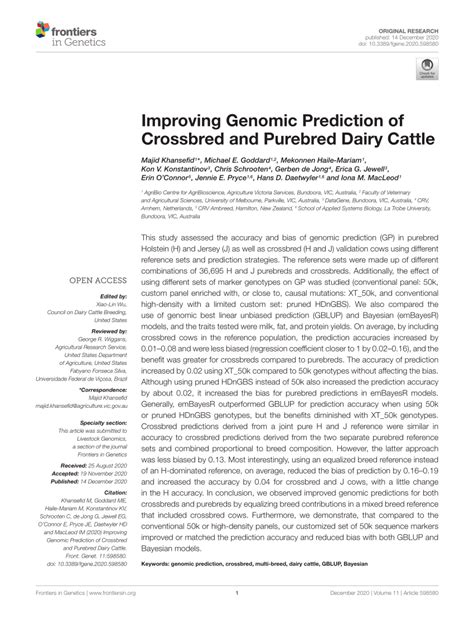 Pdf Improving Genomic Prediction Of Crossbred And Purebred Dairy Cattle