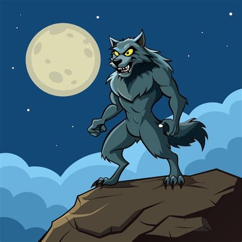 мультфильм о волке на скале с луной на заднем плане Премиум векторы