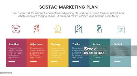 Sostac 디지털 마케팅 계획 인포그래픽 직사각형 테이블이 있는 6포인트 스테이지 템플릿 대칭 균형이 있는 상자 슬라이드 프레젠테이션을 위한 올바른 방향 0명에 대한 스톡