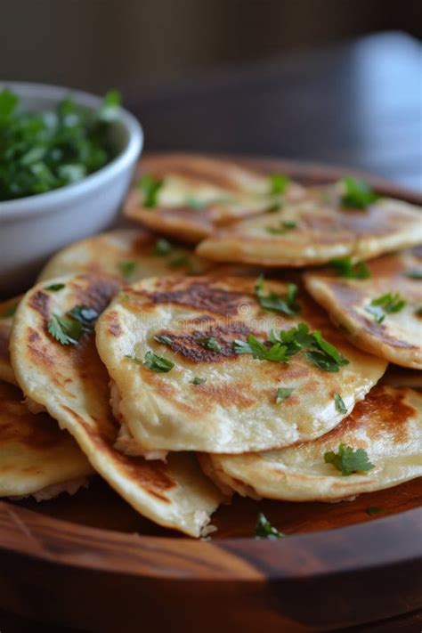 Golden Pan Fried Flatbreads With Fresh Cilantro Garnish Stock