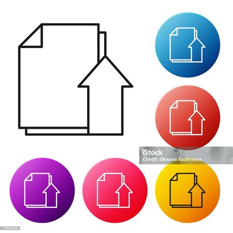 검은 색 선 흰색 배경에 격리 된 파일 문서 아이콘을 업로드합니다 문서 화살표입니다 아이콘 다채로운 원 버튼을 설정합니다 벡터