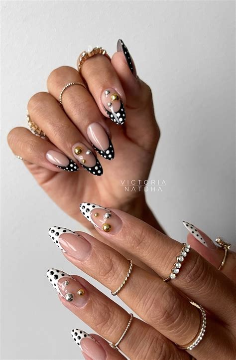 Almond Black And White Polka Dot French Tip Nails Autumn Nail Designs