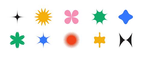 기본 기하학적 모양 컬렉션입니다 추상적 인 별과 꽃은 스위스 또는 바우 하우스 스타일로 형성됩니다 잔인한 요소는 포스터 배너 콜라주를 위해 설정됩니다 벡터 기호입니다