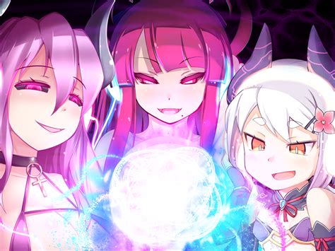 Safebooru 3girls Bare Shoulders Breasts Commentary Request Demon Girl Demon Horns Eyebrows