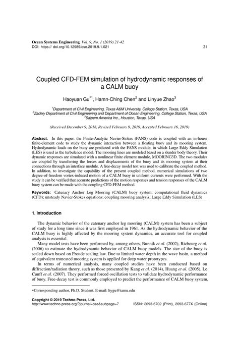 Pdf Coupled Cfd Fem Simulation Of Hydrodynamic Responses Of A Calm Buoy