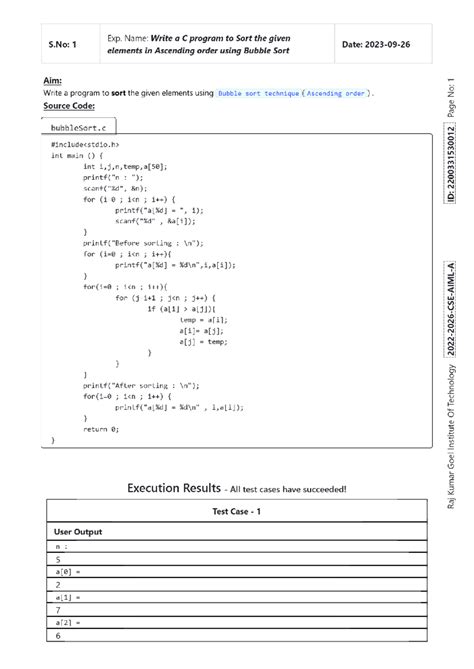 22003 31530012 Data Structure Lab Record 2023 10 30 Exp Name Write