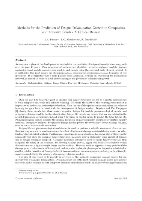 Pdf Methods For The Prediction Of Fatigue Delamination Growth In Composites And Adhesive Bonds