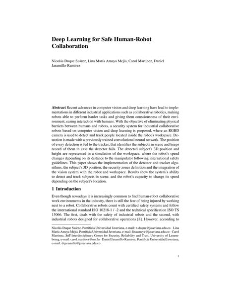 pdf deep learning for safe human robot collaboration