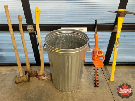 Garbage Can W Long Handled Tools Incl Axes Pick Axe Hedge Trimmer