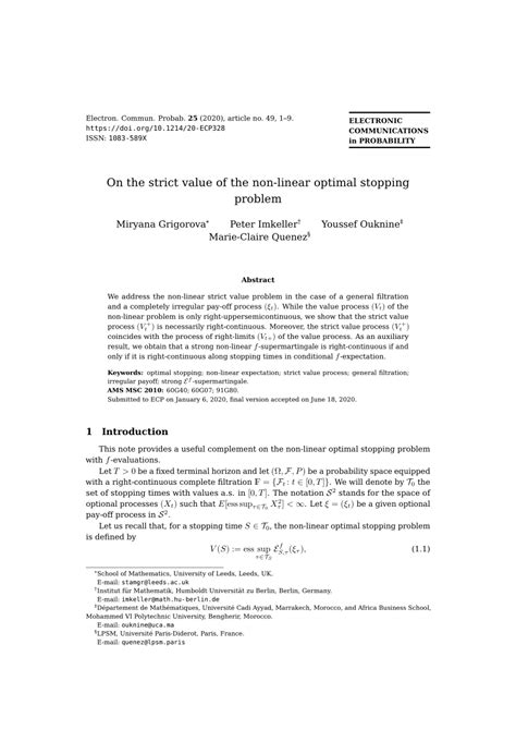 Pdf On The Strict Value Of The Non Linear Optimal Stopping Problem