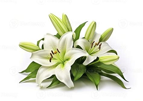 Ai Generated Beautiful Fresh Lily Flower With Green Leaves Isolated On White Background Ai
