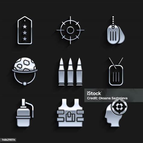 총알 방탄 조끼 표적 스포츠 군용 개 태그 수류탄 헬멧 및 순위 아이콘을 설정합니다 벡터 강철에 대한 스톡 벡터 아트 및 기타 이미지 Istock