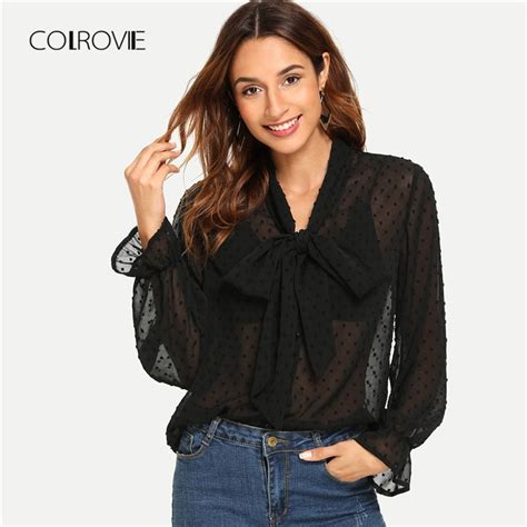 Buy Colrovie Black Elegant Sheer Tie Neck Polka Dot
