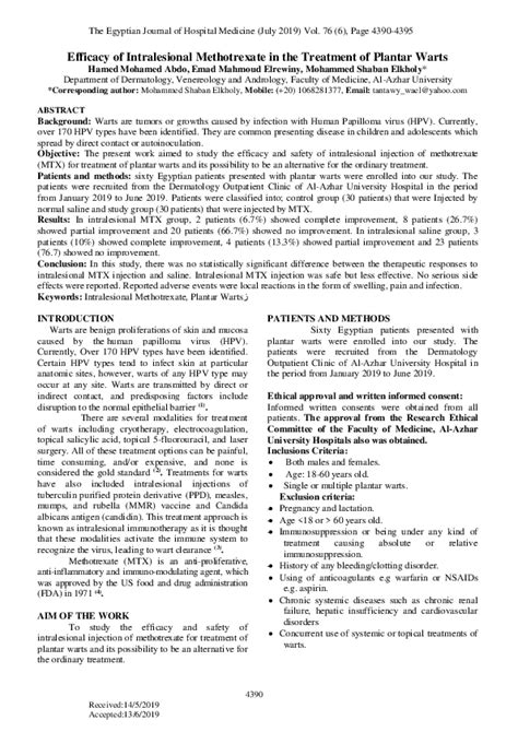 Pdf Efficacy Of Intralesional Methotrexate In The Treatment Of Plantar Warts