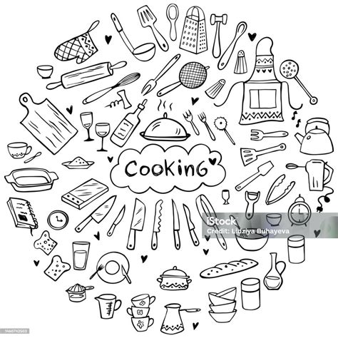 흰색 배경에 낙서 주방 도구 세트 낙서 주방 장비 벡터 그림입니다 벽지 패턴 채우기 섬유 웹 페이지 배경 표면 질감에 사용할 수 있습니다 요리하기 음식 준비에 대한 스톡