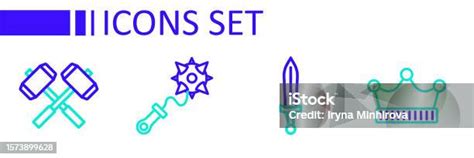 세트 라인 왕관 중세 검 스파이크가 있는 철퇴 및 교차된 전투 망치 아이콘 벡터 강철에 대한 스톡 벡터 아트 및 기타 이미지 강철 고대의 골동품 Istock