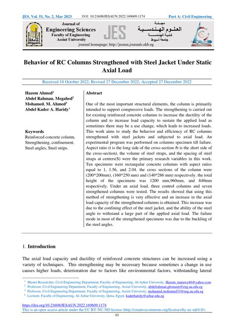 Pdf Behavior Of Rc Columns Strengthened With Steel Jacket Under Static Axial Load