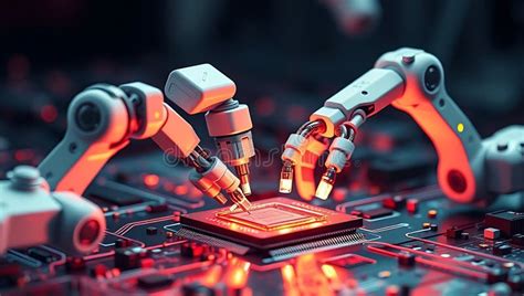 Robotic Arms Installing Microchip On Circuit Board Stock Illustration Illustration Of