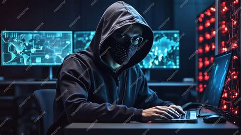 Premium Photo A Hacker In A Black Hoodie Is Sitting In A Dark Server