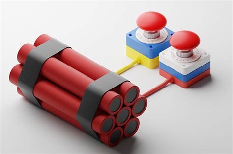 아이소 메트릭 3d 렌더링 비상 버튼 러시아와 우크라이나 다이너마이트 위기 갈등 전쟁 개념 디자인 일러스트 레이 션 복사 공간이 있는 흰색 배경에 고립 선거 운동 배지에