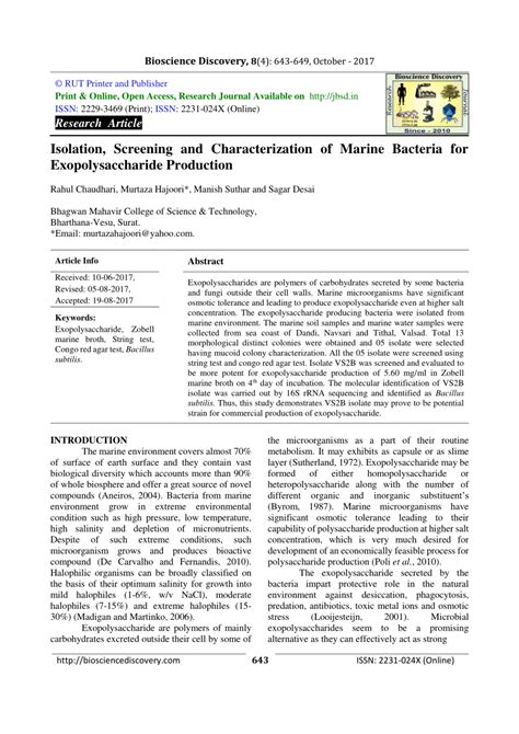 Pdf Isolation Screening And Characterization Of Marine Bacteria For Exopolysaccharide Production