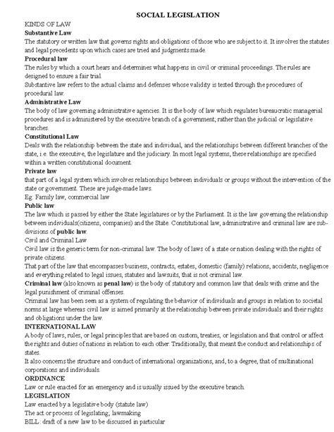 Social Legislation Collected Assignment Social Legislation Kinds Of Law Substantive Law The
