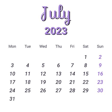 Calendário De Julho De 2023 Com Tema Roxo Png Julho De 2023