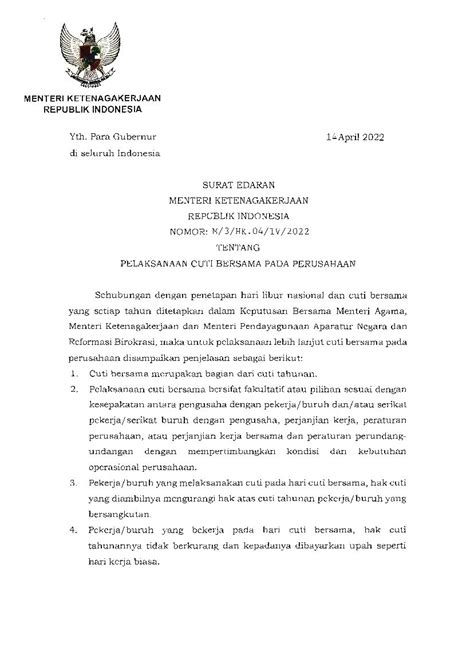 Surat Edaran Menteri Ketenagakerjaan No M 3 Hk 04 Iv 2022 Tahun 2022