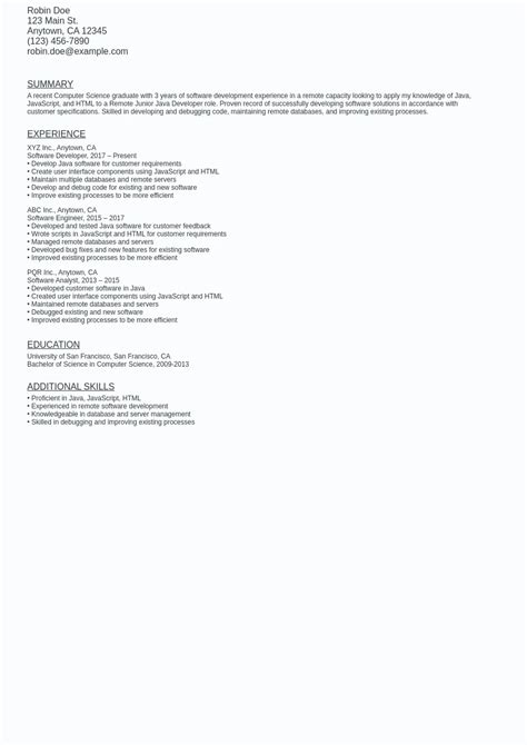Remote Junior Java Developer Resume Sample Template Free Ziprecruiter