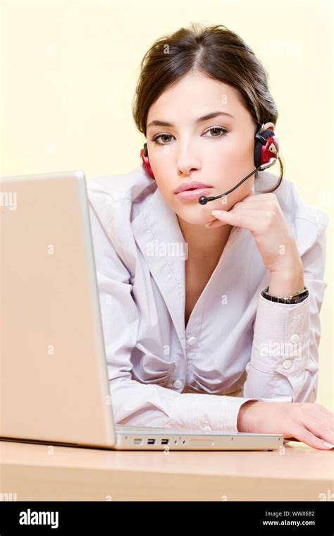 Pretty Female Operator Near Computer Stock Photo Alamy