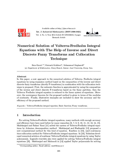 Pdf Numerical Solution Of Volterra Fredholm Integral Equations Using