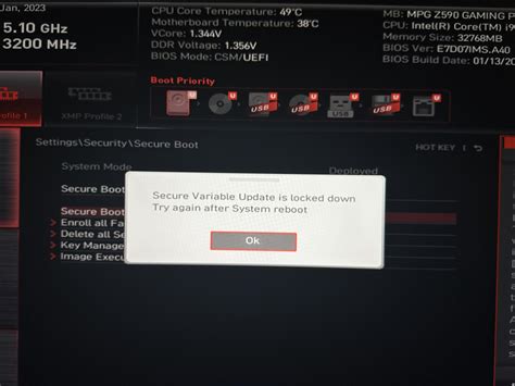 When I Try Putting Secure Boot In Standard Mode I Get This Pop Up Rebooting Isnt Working