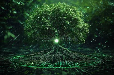 Technological Tree Of Life With Vibrant Green Circuit Board Roots Symbolizing Nature And