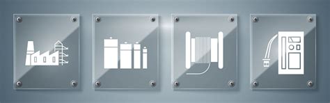 세트 배터리 와이어 전기 케이블을 릴 또는 드럼 배터리 및 발전소 공장 및 공장에 연결합니다 정사각형 유리 패널 벡터 실패 제작물에 대한 스톡 벡터 아트 및 기타 이미지