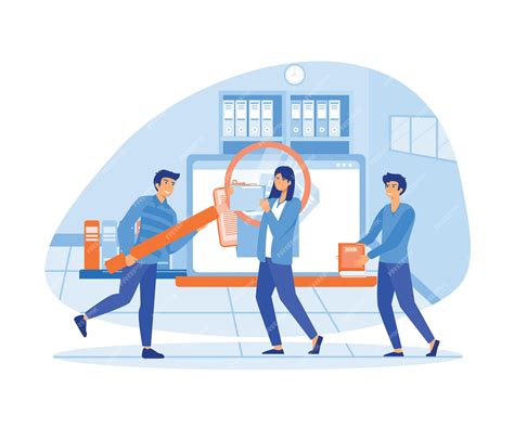 Premium Vector People Taking Documents From Shelves Using Magnifying And Searching Files In