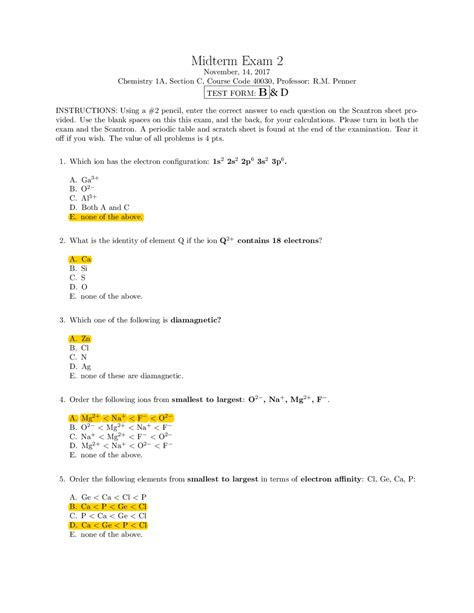 Midterm Exam 2 Uci Canvas Lecture Notes Chemistry Docsity