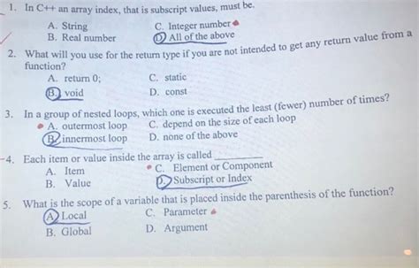 Solved 1 In C An Array Index That Is Subscript Values