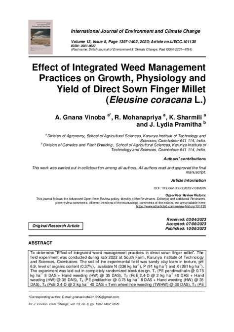 Pdf Effect Of Integrated Weed Management Practices On Growth Physiology And Yield Of Direct