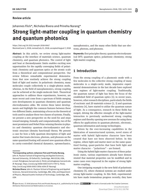 Pdf Strong Light Matter Coupling In Quantum Chemistry And Quantum Photonics
